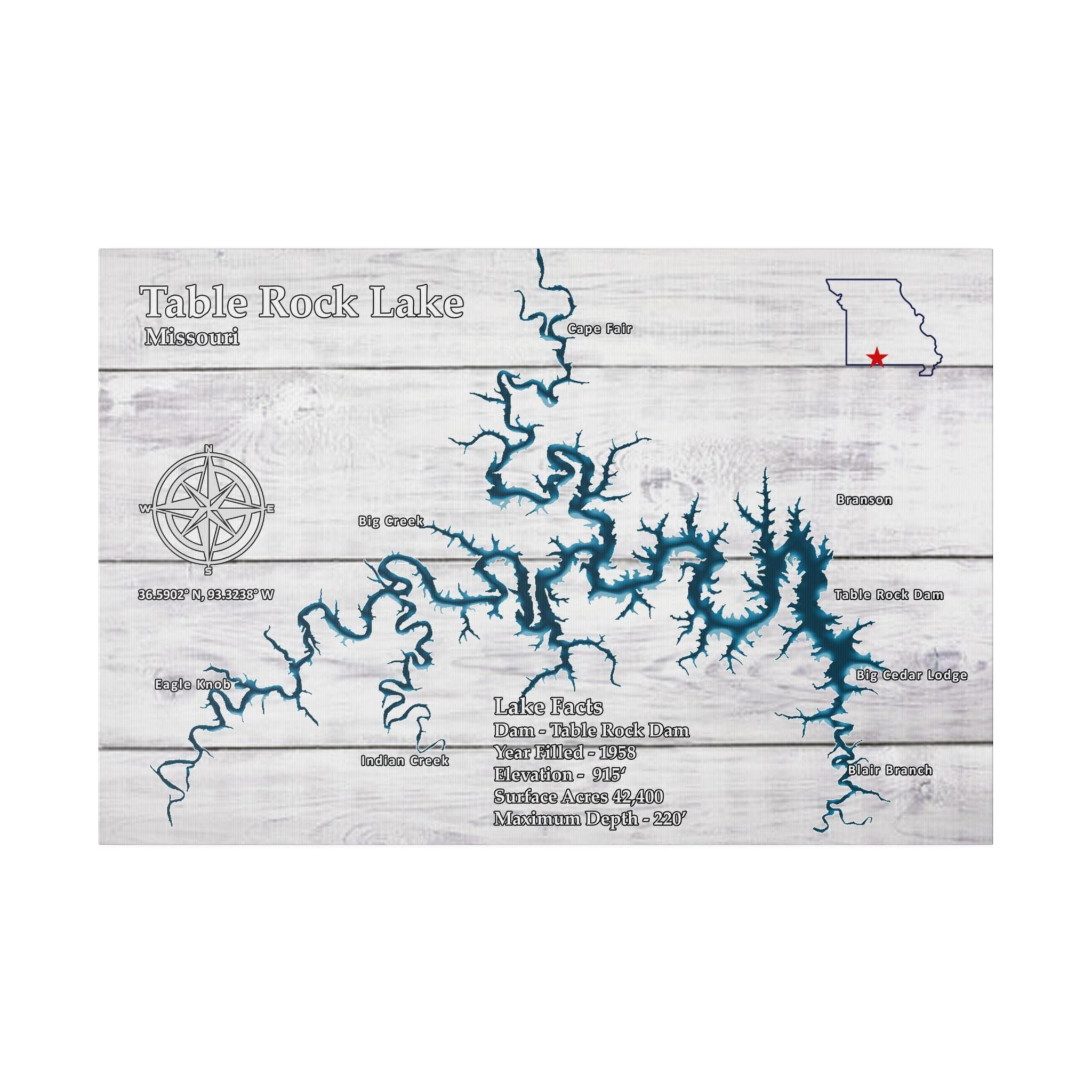 Table Rock Lake Map Wall Art on Canvas Unique Lake Decor for Home or ...