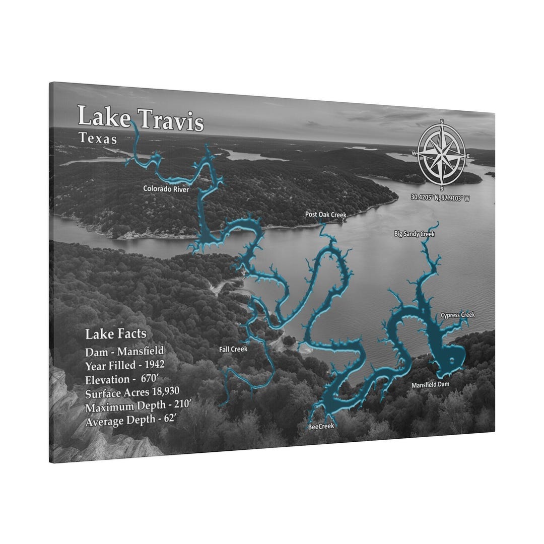 Lake Travis TX Map Print on Canvas Beautiful Lake Wall Art for Home or ...