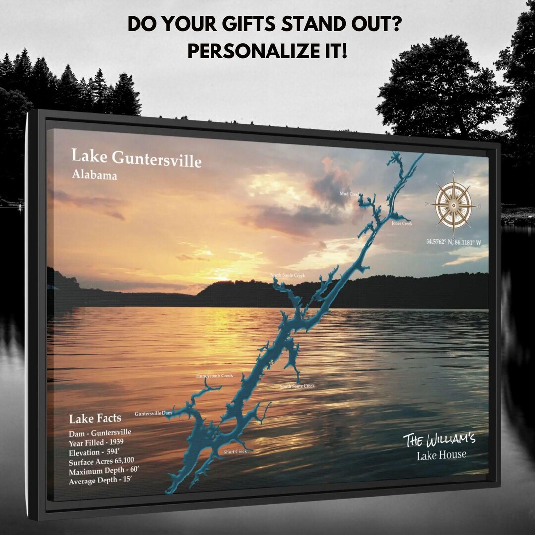 Lake Guntersville Lake Map Framed Canvas Wall Art Prints for Lake House ...