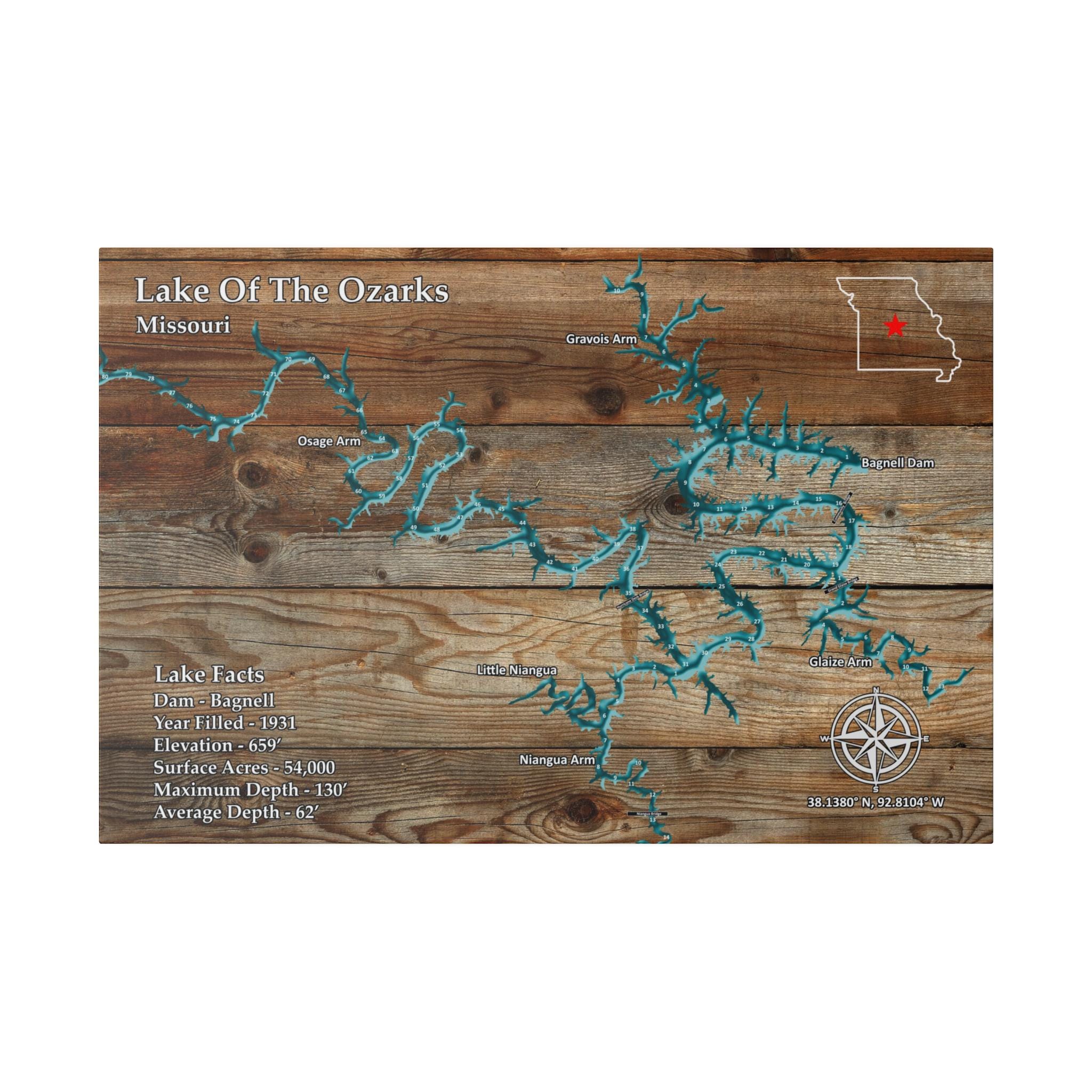 Lake of the Ozarks Lake Map With Mile Markers, Wall Canvas, Ozarks Wall ...