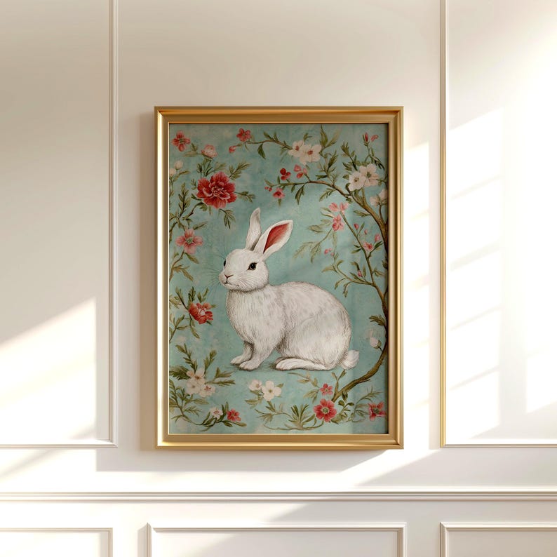 Chinoiserie Nursery Art Prints: Bunny, Birds & Cat - Vintage Teal ...