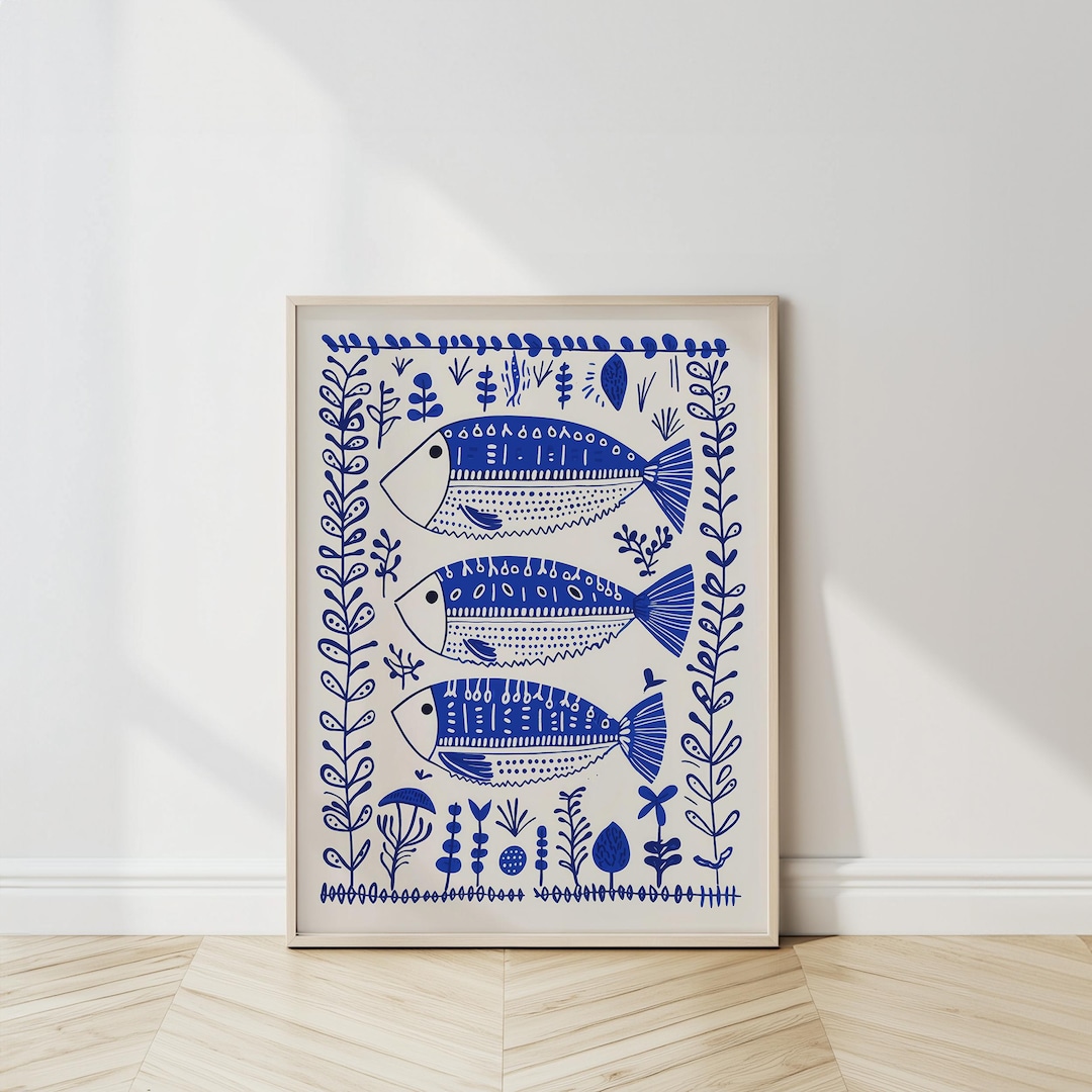 Blue Wall Art Fish Print for Kids Room Living Room Decor Coastal Wall ...