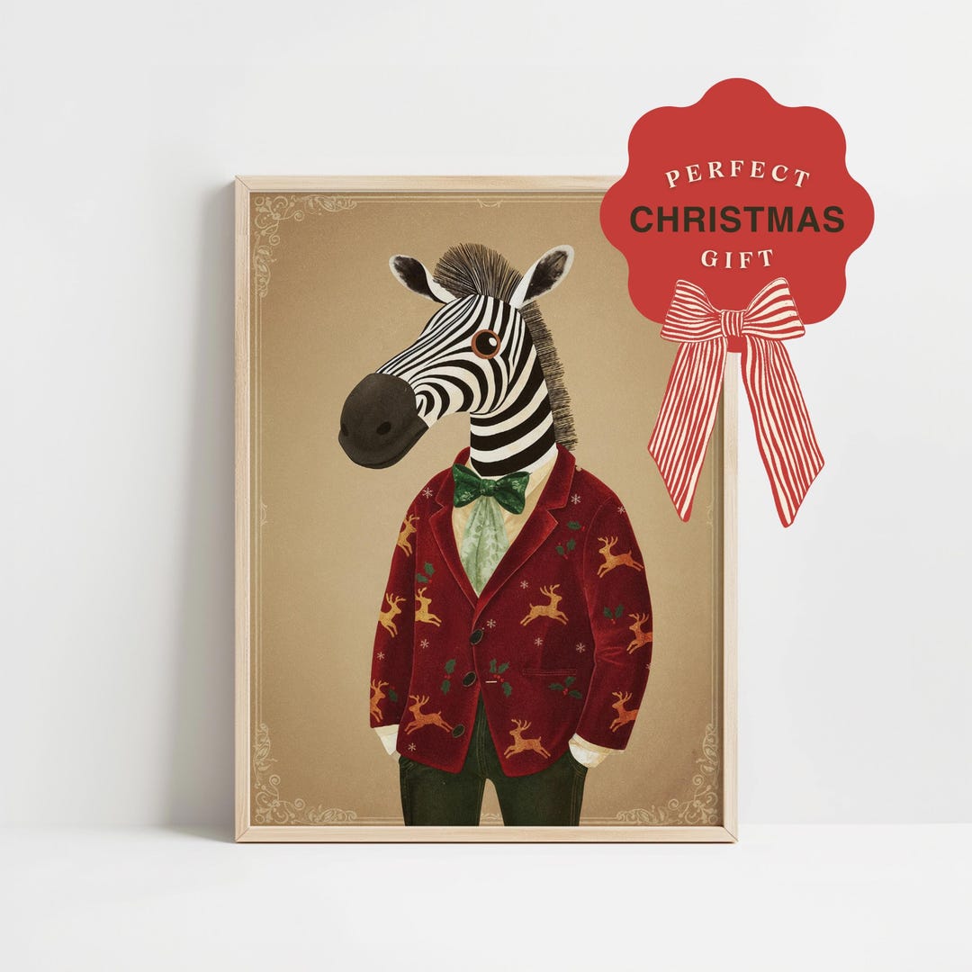 Christmas Zebra Portrait Print | Funny Animal Art (digital Download) - Etsy