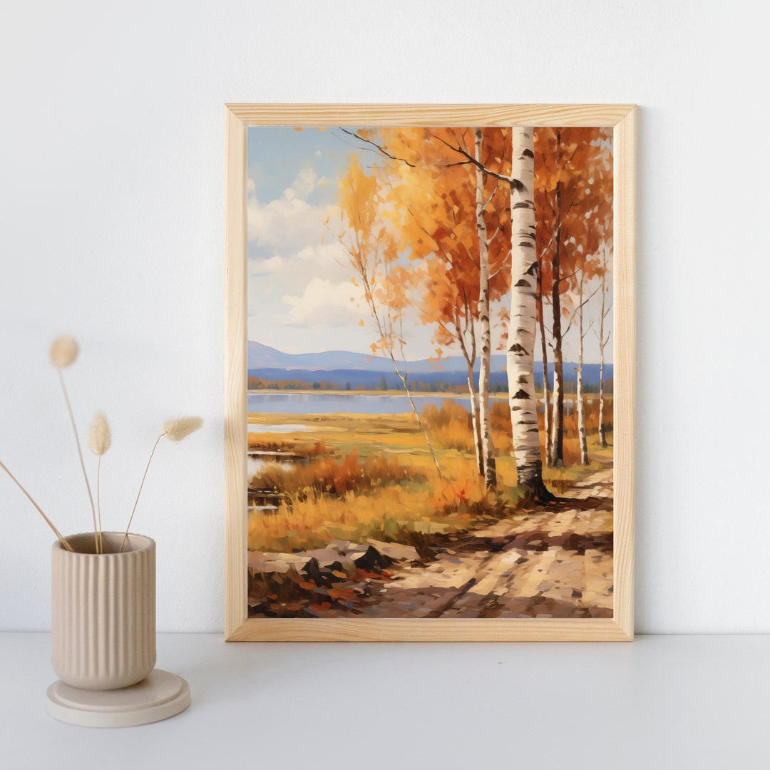 Golden Birch Walk: Serene Autumn Pathway by a Tranquil Lake Nature Art ...