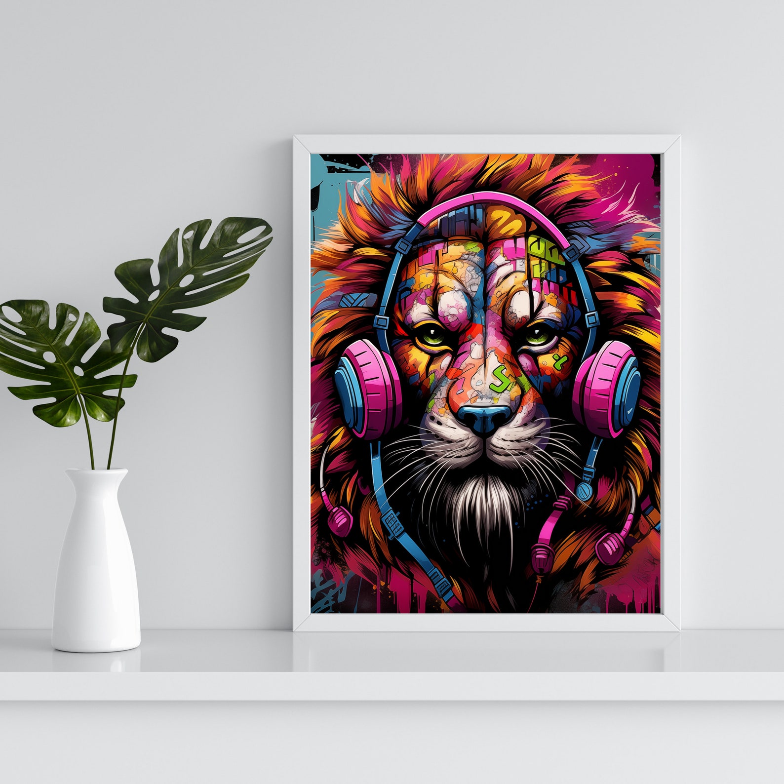 Street Art Lion: Colorful Graffiti Lion With Headphones - Contemporary ...