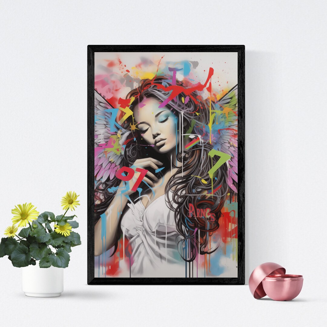 Angel Wings Graffiti - Vibrant Winged Woman Canvas - Colorful Street ...