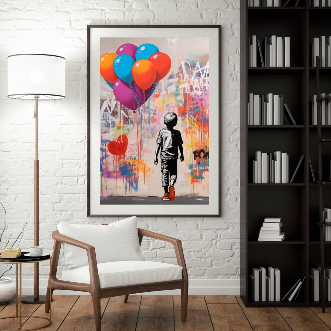 Balloon Walk Graffiti - Boy With Balloons Canvas - Colorful Street Art ...