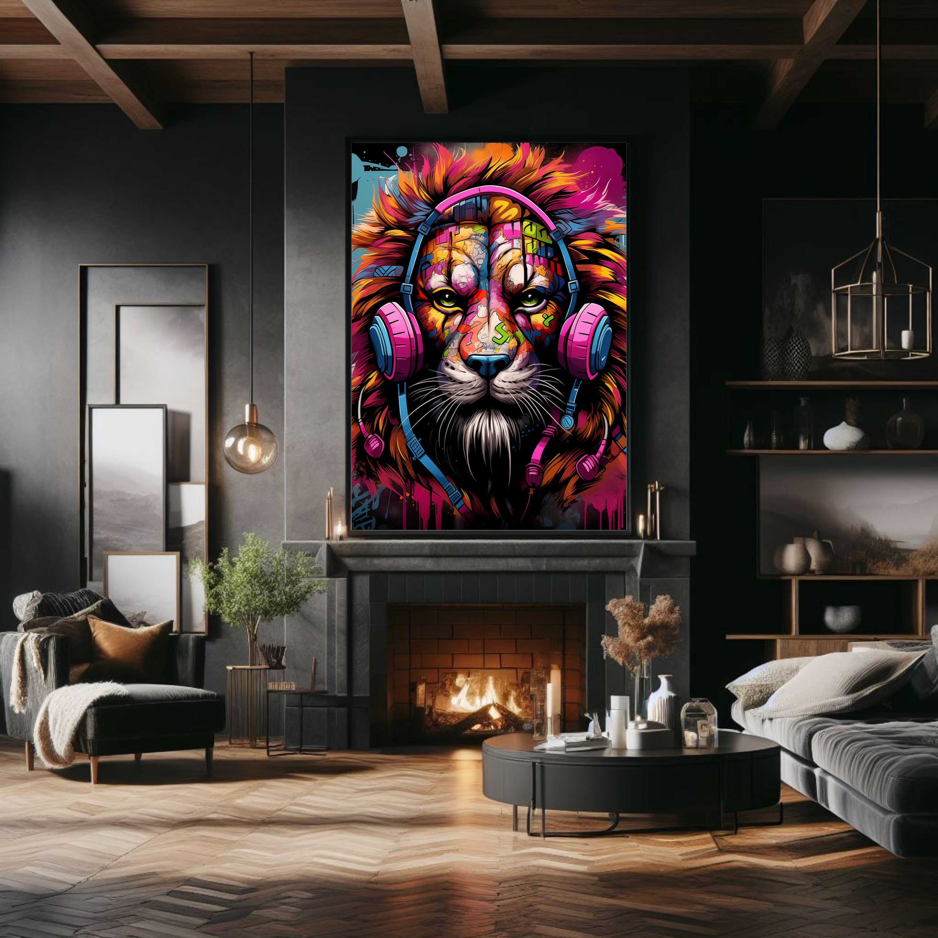 Street Art Lion: Colorful Graffiti Lion With Headphones - Contemporary ...