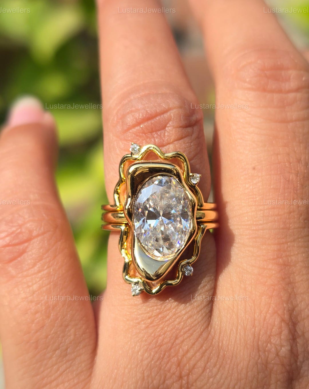 Funky Bezel Set Engagement Ring, 3 CT Oval Solitaire Ring With Matching ...
