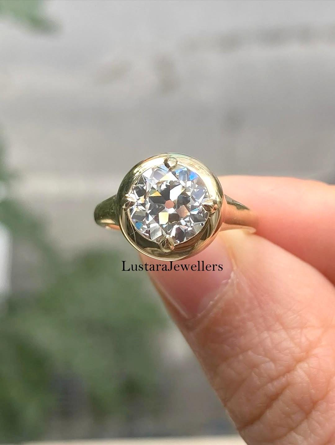 Chunky Bezel Set 2 CT Round Old Mine Cut Moissanite Solitaire Ring, 18K ...