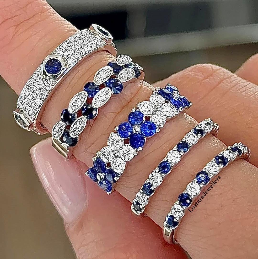 Blue Sapphire Gemstone With Round Moissanite Alternative Diamond Ring ...