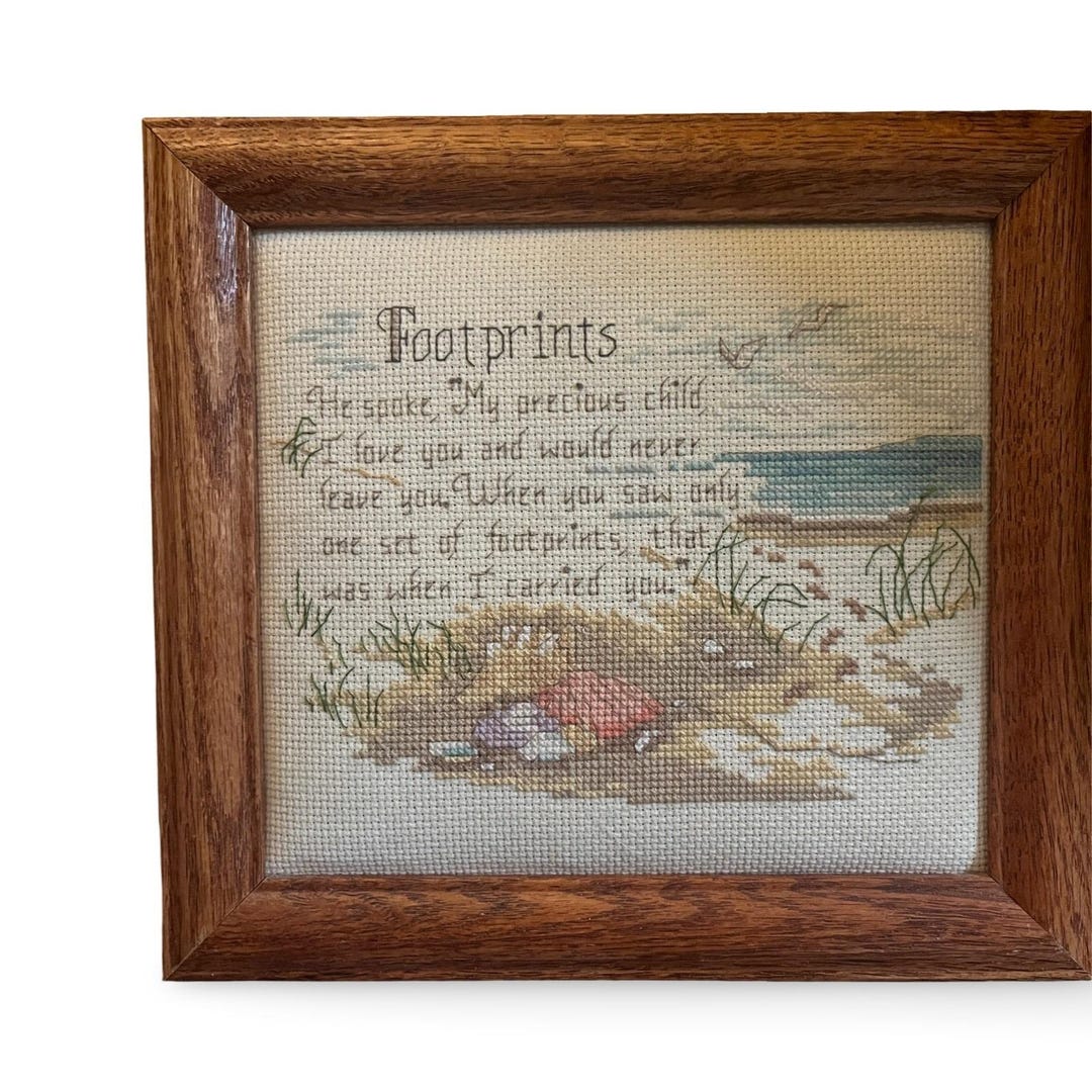 Vintage Finished Framed Cross Stitch Footprints in the Sand Needlepoint ...