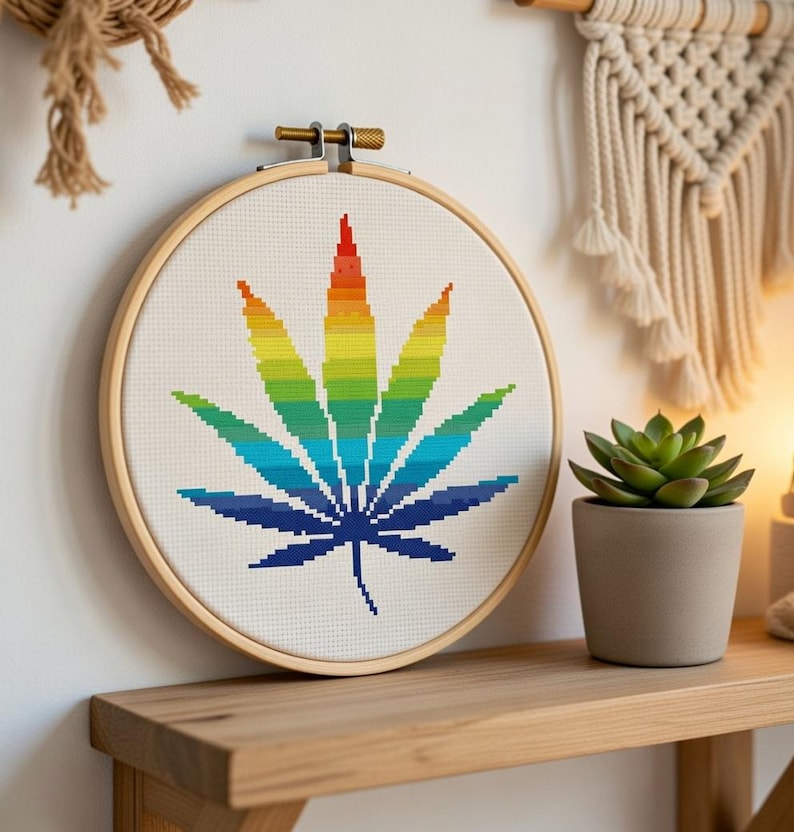 Rainbow Weed Leaf Cross Stitch Pattern - Colorful Spring (PDF Digital ...