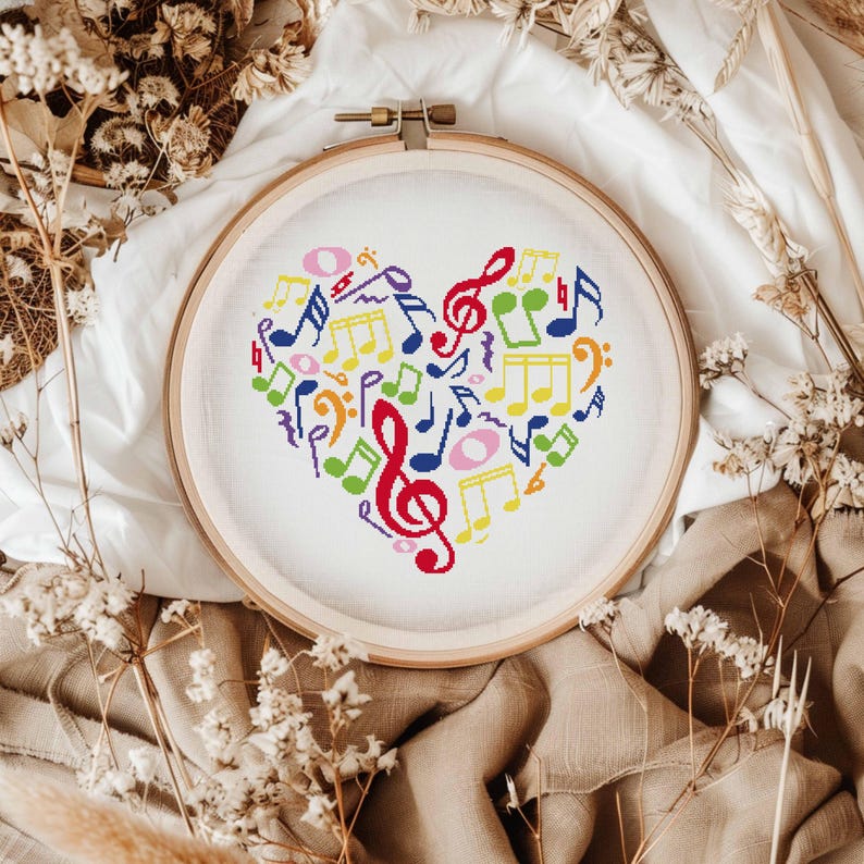 Rainbow Music Notes Heart Cross Stitch Pattern - Colorful Silhouette ...