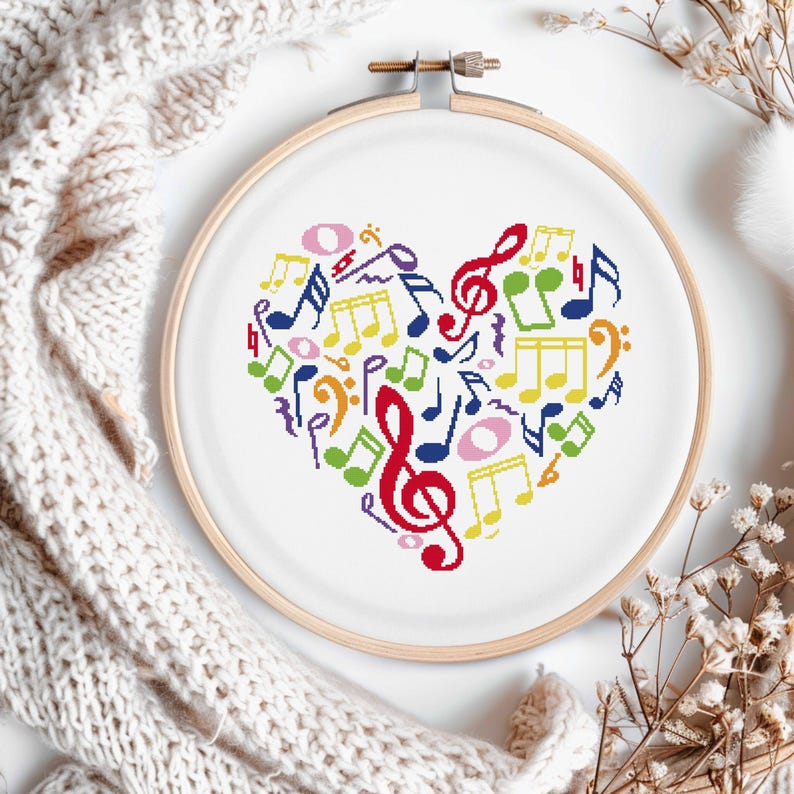 Rainbow Music Notes Heart Cross Stitch Pattern - Colorful Silhouette ...