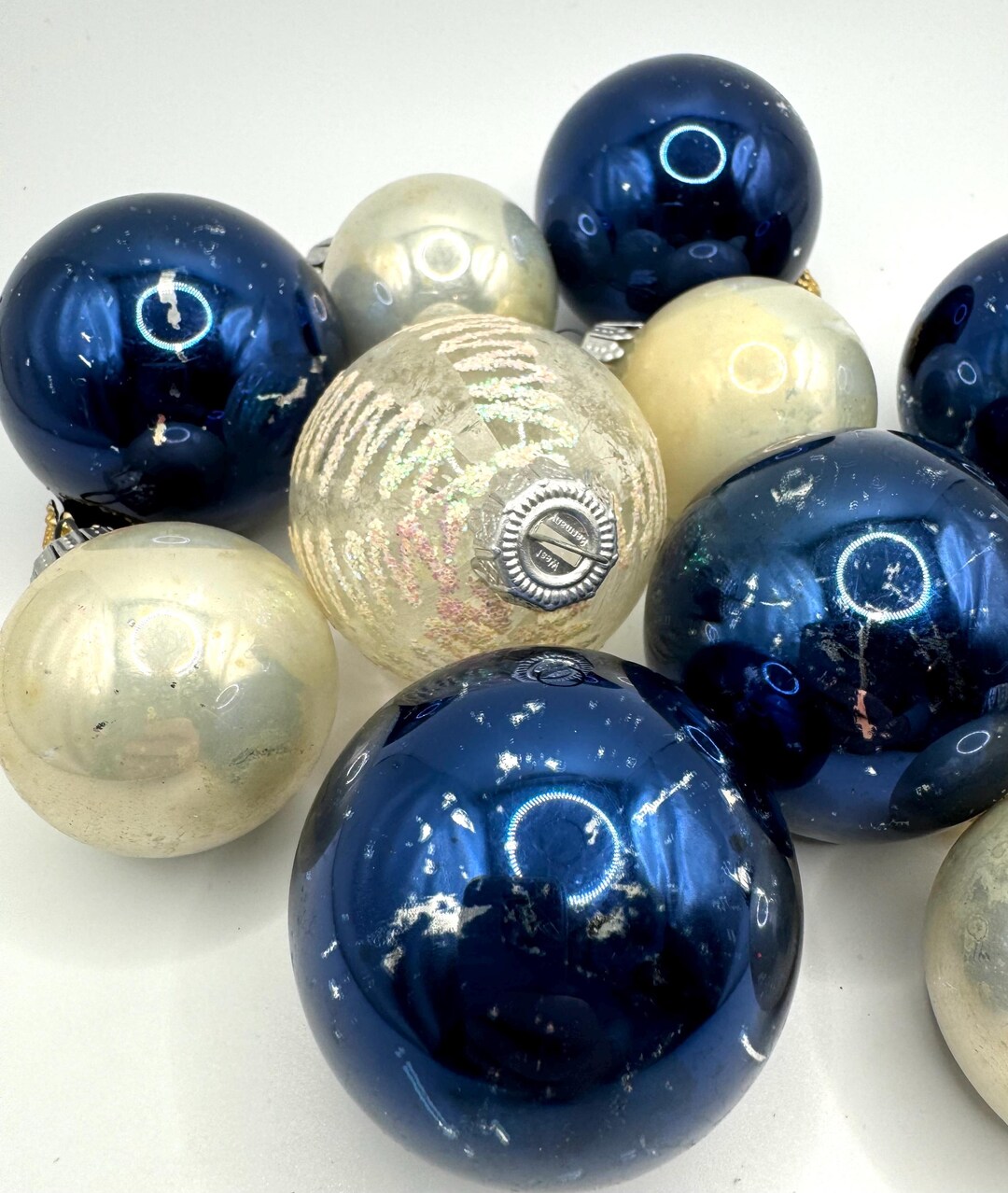 Vintage West German Blue & Gold Christmas Baubles, Stunning Pearl and ...