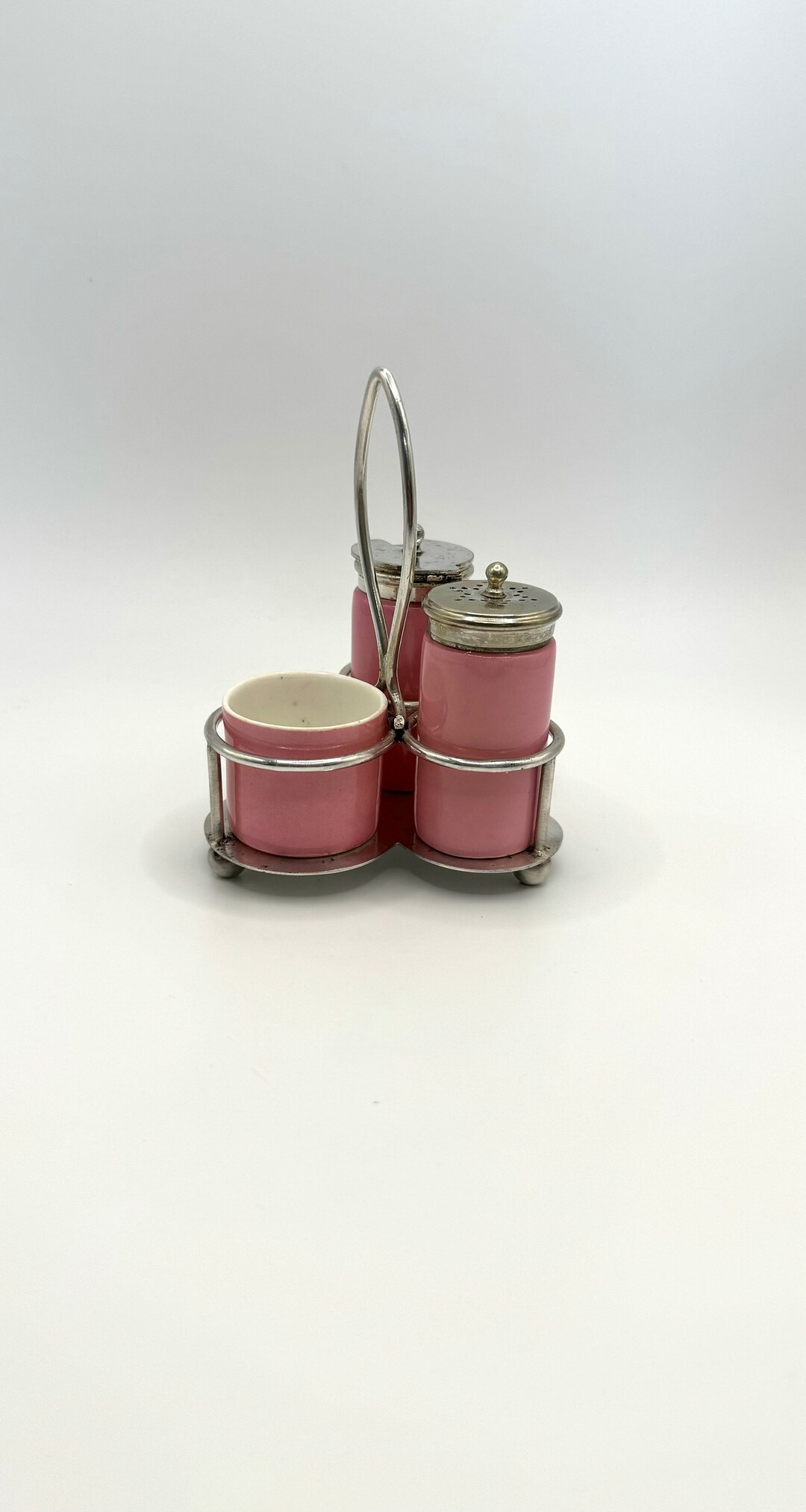 Cruet Set in Silver Plate and Pink Ceramic - Silver Plated. Crescent ...