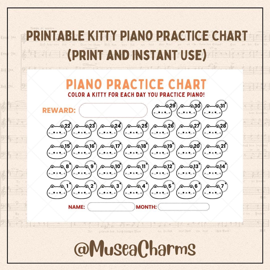 Printable Piano Practice Tracker, Colouring the Cat, Music Practice Log ...