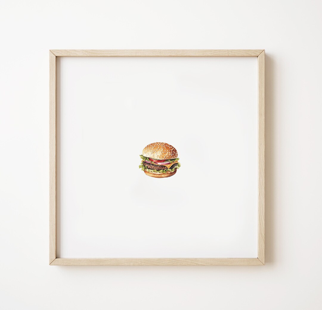 Cheeseburger Art Print, Watercolor Food Painting, Mini Kitchen Art ...