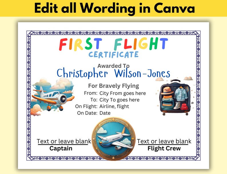 First Flight Certificate to Award Kids, Editable Canva Template, Travel ...