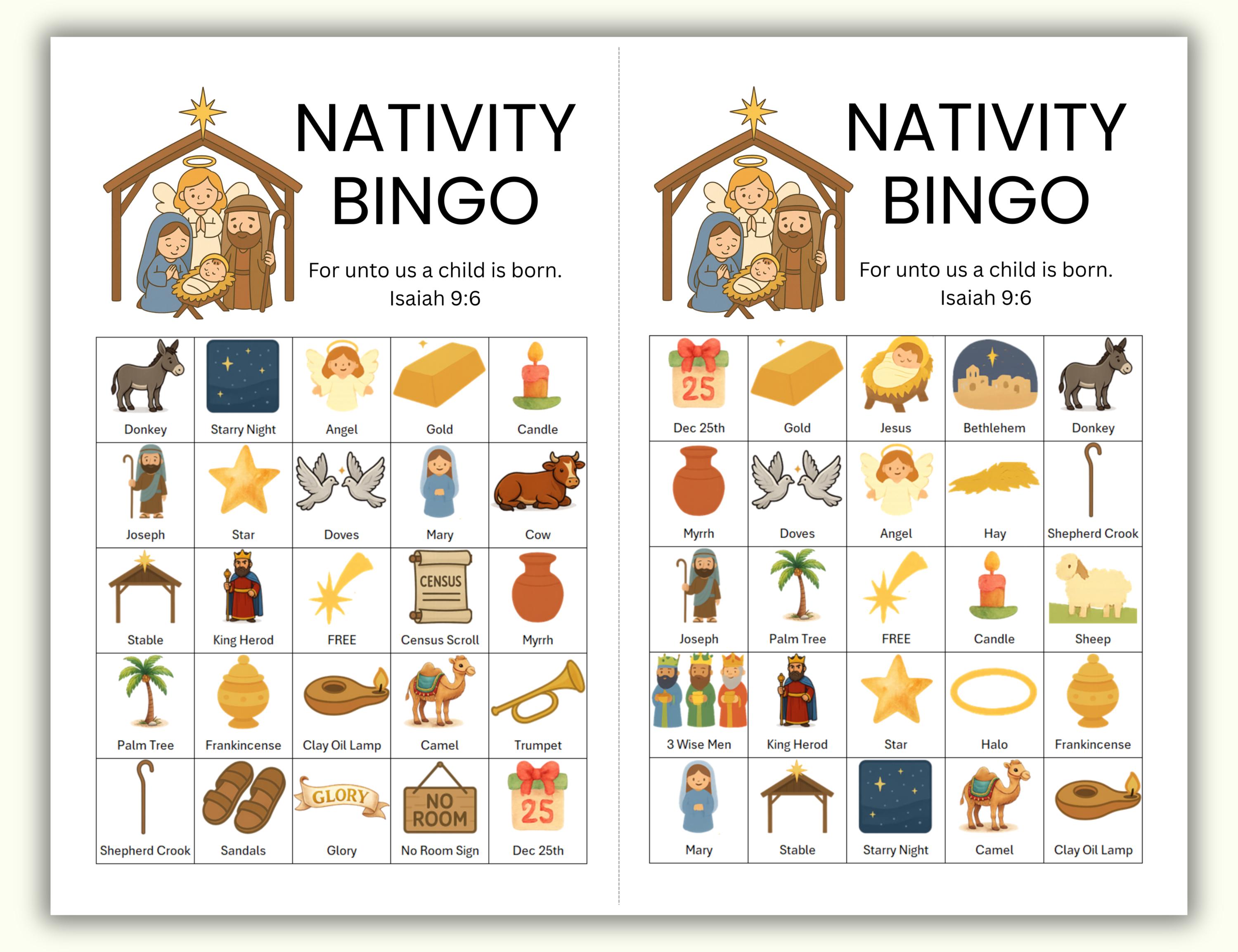 Jeu de bingo pour la Nativité, 50 cartes uniques pour la Nativité, jeu ...