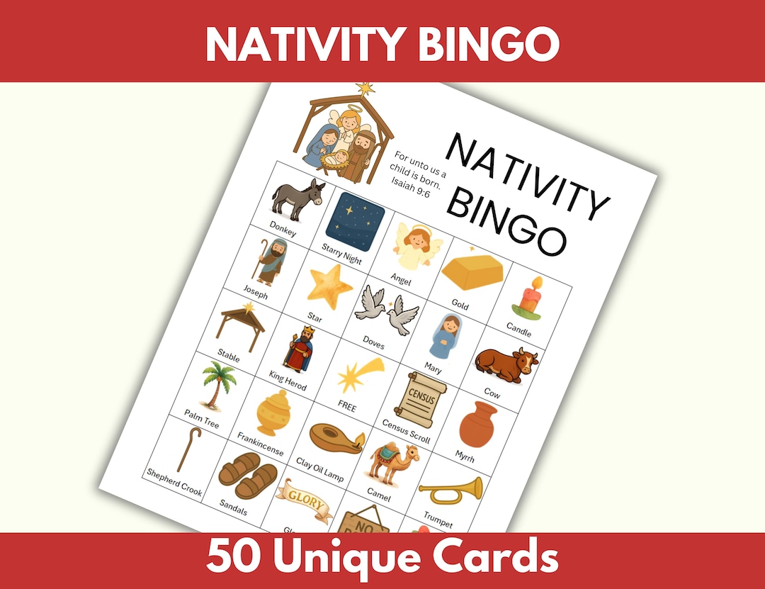 Nativity Bingo Game, 50 Unique Nativity Cards, Kids Holiday Game, Fun ...