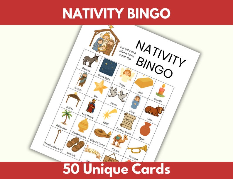 Nativity Bingo Game, 50 Unique Nativity Cards, Kids Holiday Game, Fun ...