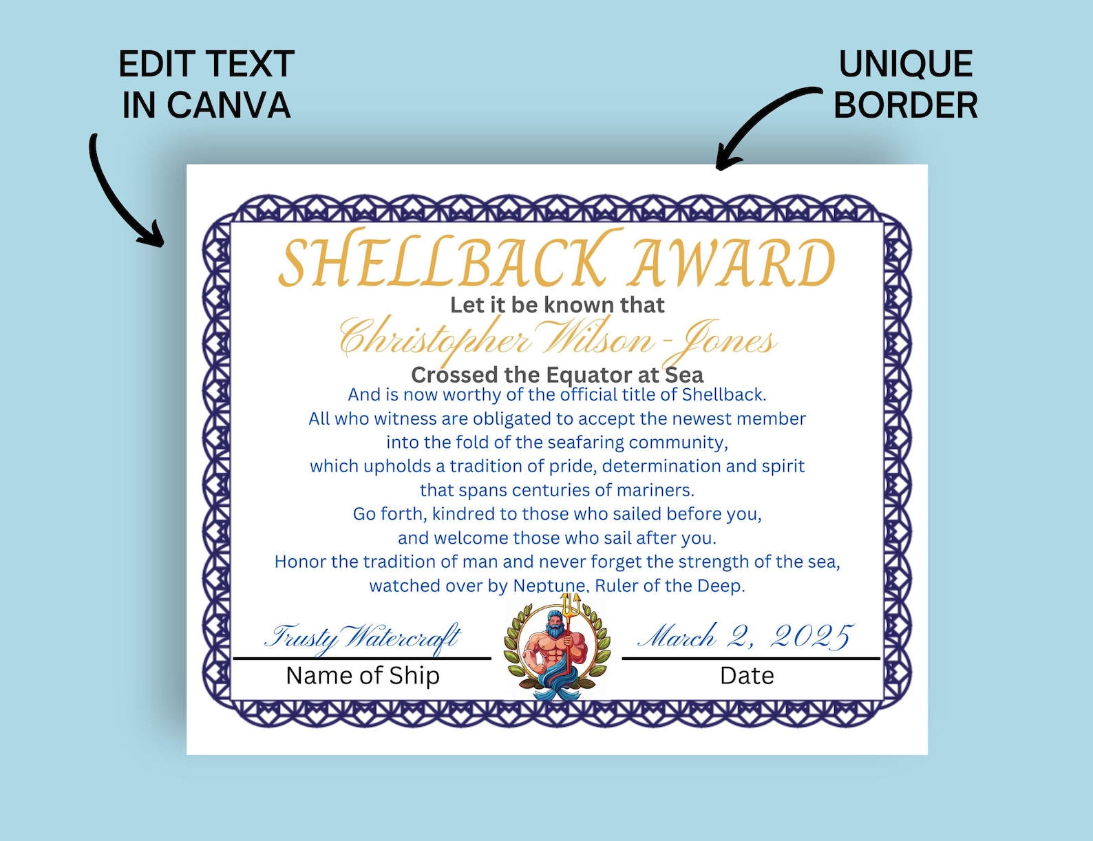 Shellback Template Certificate, Nautical Party Awards, Custom Award ...