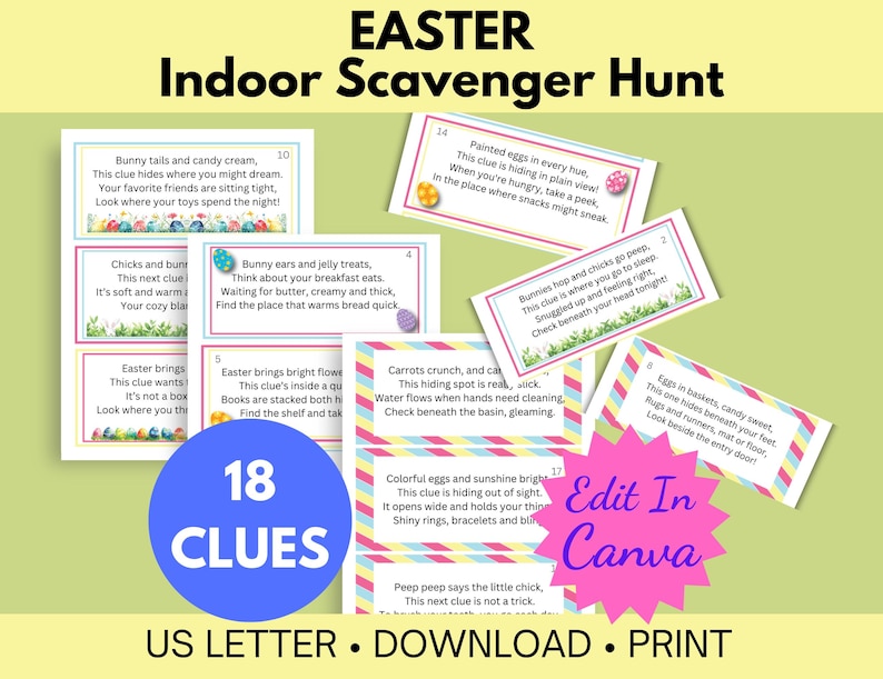 Indoor Easter Scavenger Hunt for Kids, Printable Treasure Hunt Clues ...