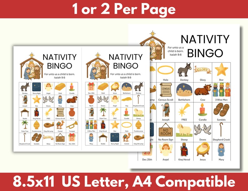 Nativity Bingo Game, 50 Unique Nativity Cards, Kids Holiday Game, Fun ...