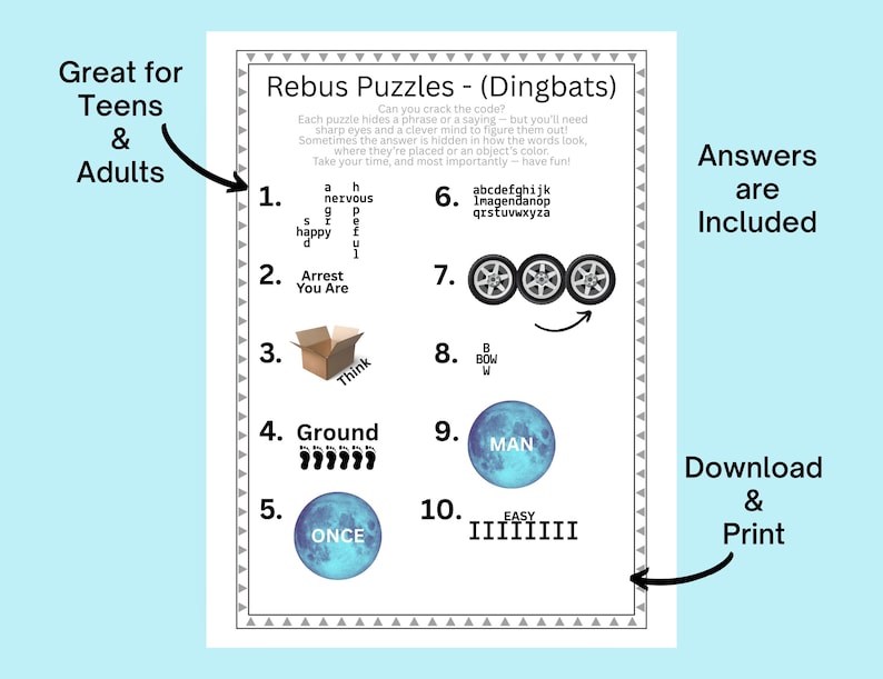 Rebus Puzzles for Teens and Adults ~ Dingbats ~ Brain Teasers ~ Word ...