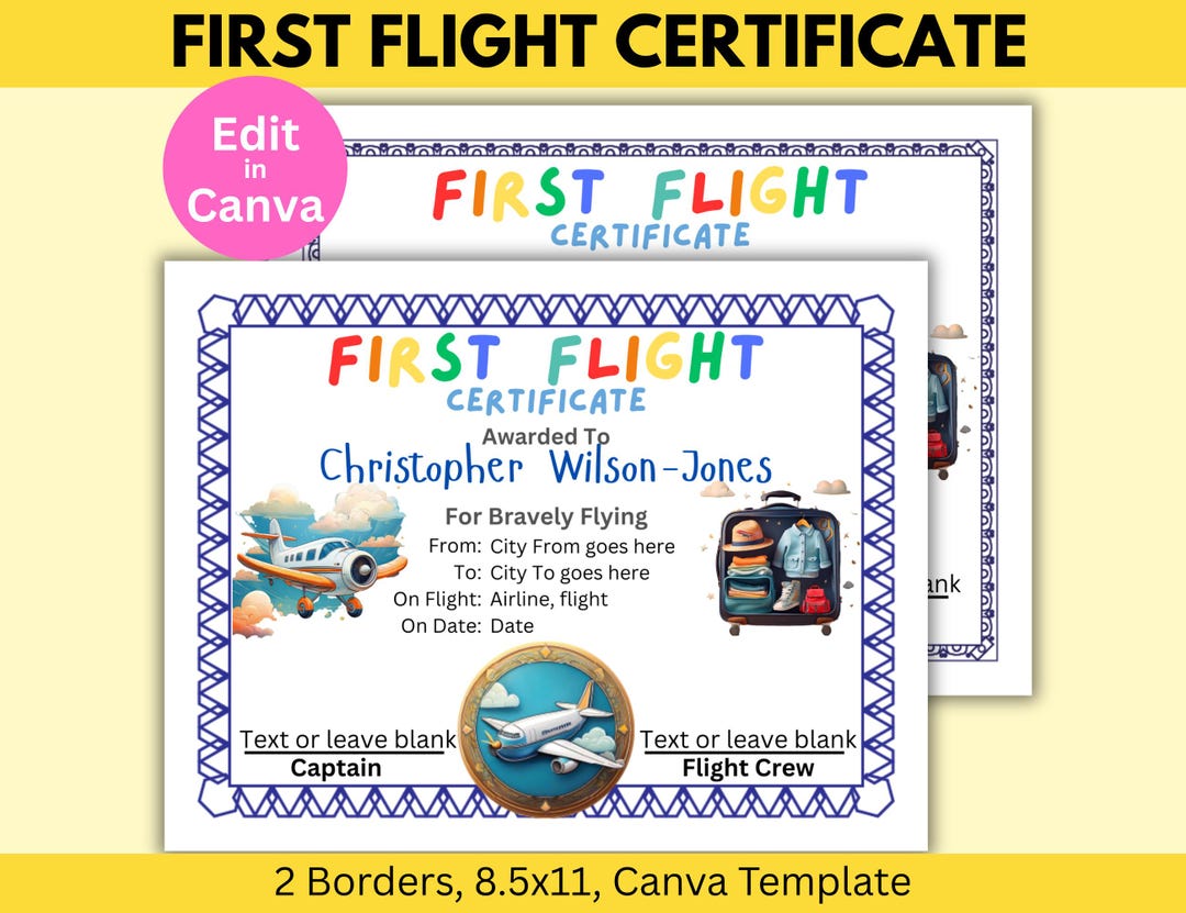 First Flight Certificate to Award Kids, Editable Canva Template, Travel ...