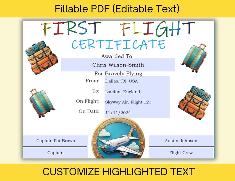 First Flight Certificate for Kids, Customizable Editable Award, Toddler Keepsake, Instant ...