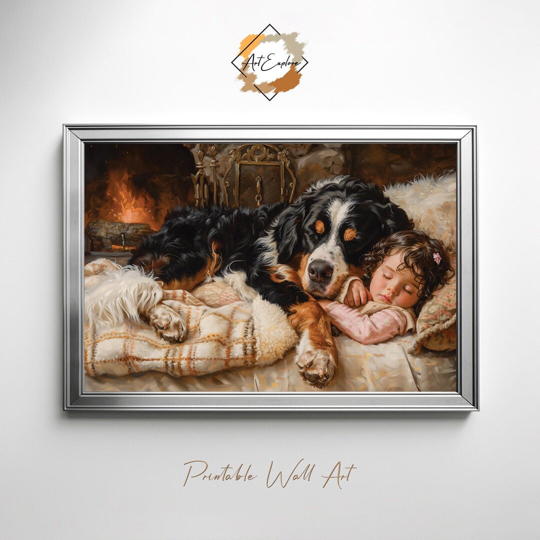 Girl With Bernese Mountain Dog 3, Oil Painting, Nursery Décor, Wall Art, Dog Portrait, Dog Lover ...