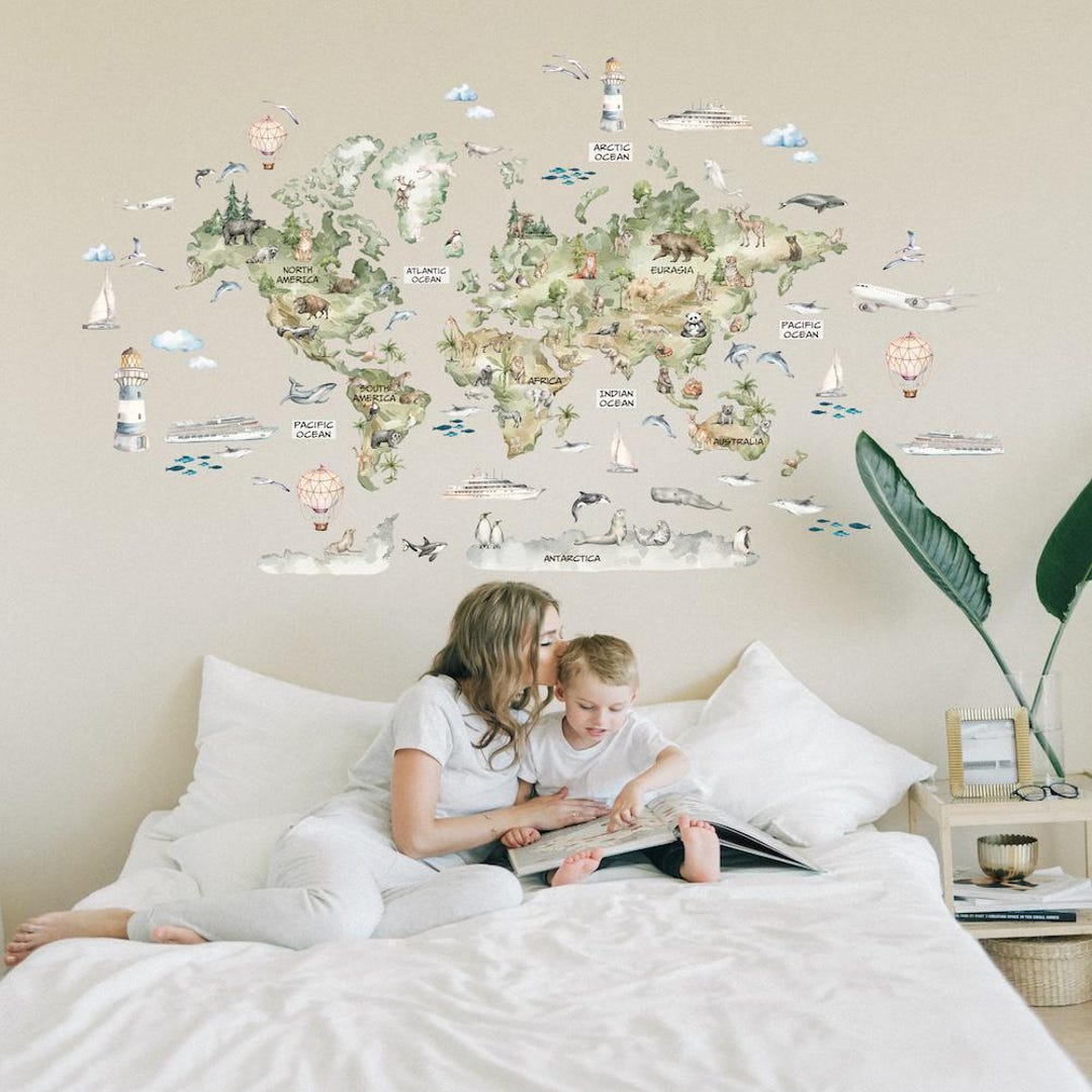 Wall Sticker World Map for Kids Room, Animal Vinyl Stickers for Fun ...