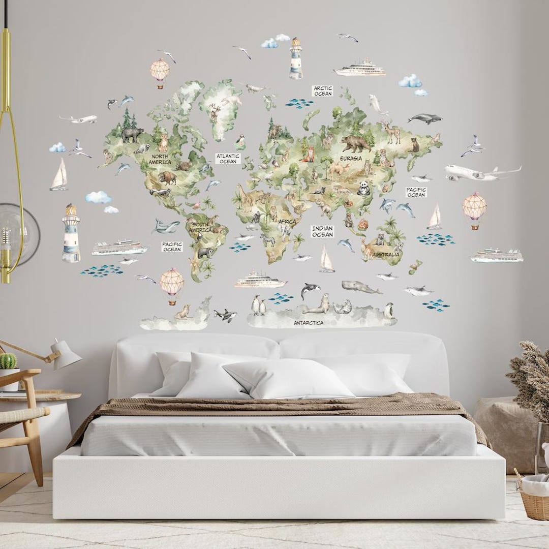 World Map Wall Decal, Kids Room Map Decor, Educational World Map ...