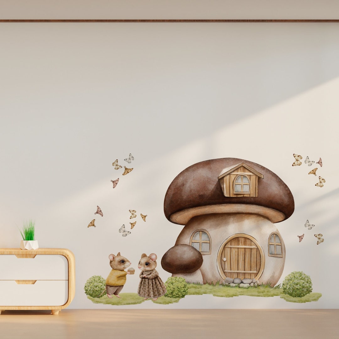 Whimsical Mouse House Wall Decal, Cute Mice With Mushroom Cottage, Kids ...