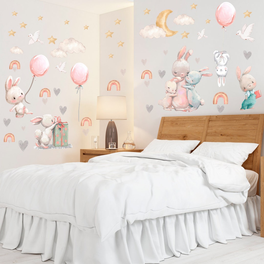 Pink Bunny Wall Decals Boho Nursery Decor Scandinavian Style Stickers ...