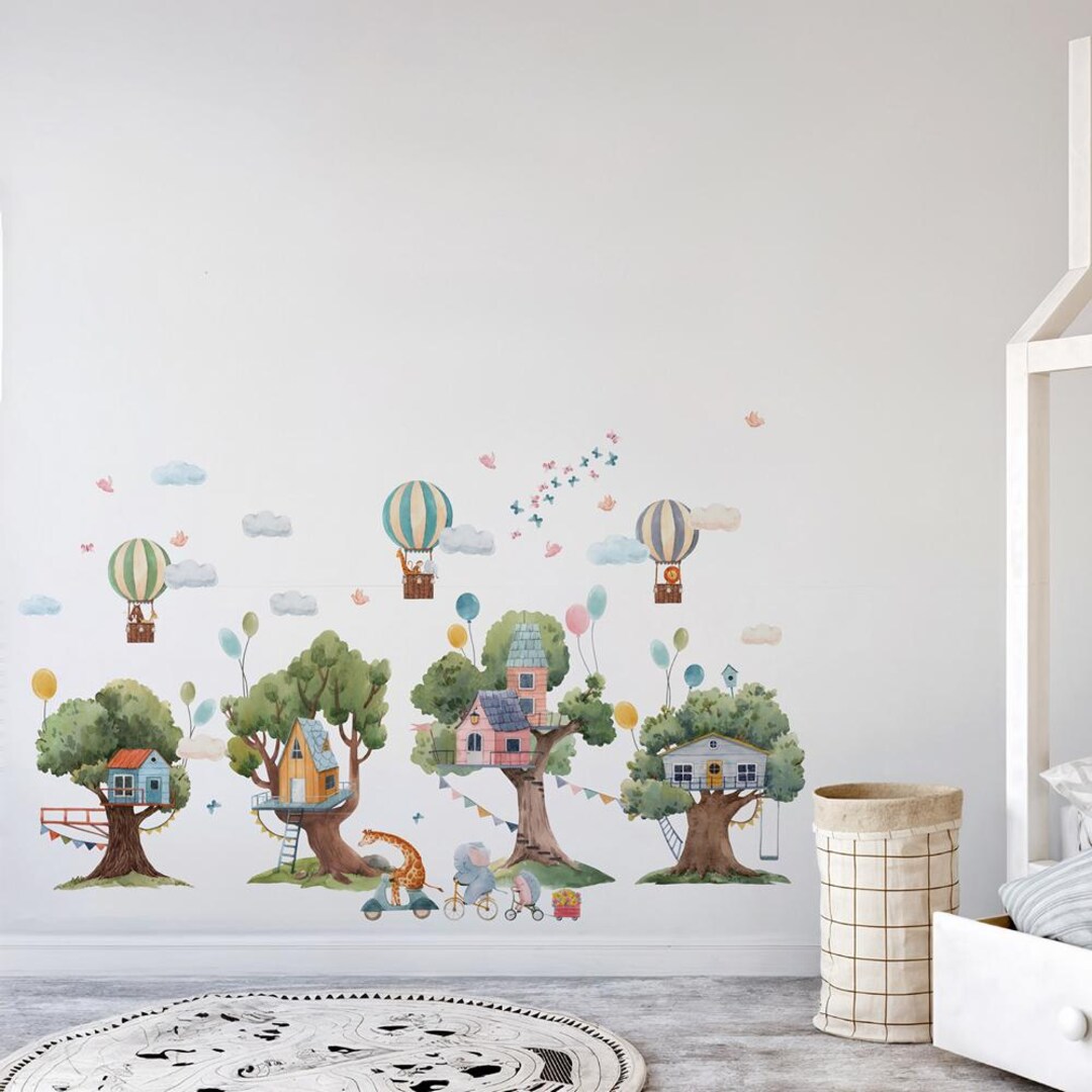 Treehouse Wall Decal Set | Watercolor Forest Houses and Balloons | Kids ...