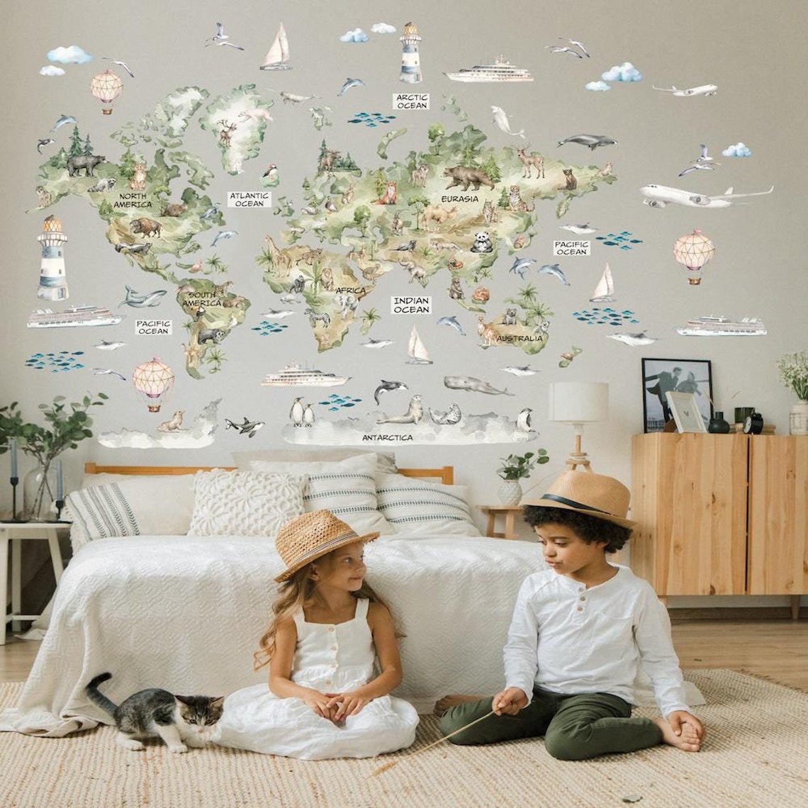 World Map Wall Decals, Vinyl Decals for Kids, Large World Map Wall ...