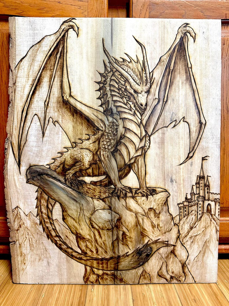 Handmade Wood Burning Art: Flying Dragon & Castle Pyrography - Etsy