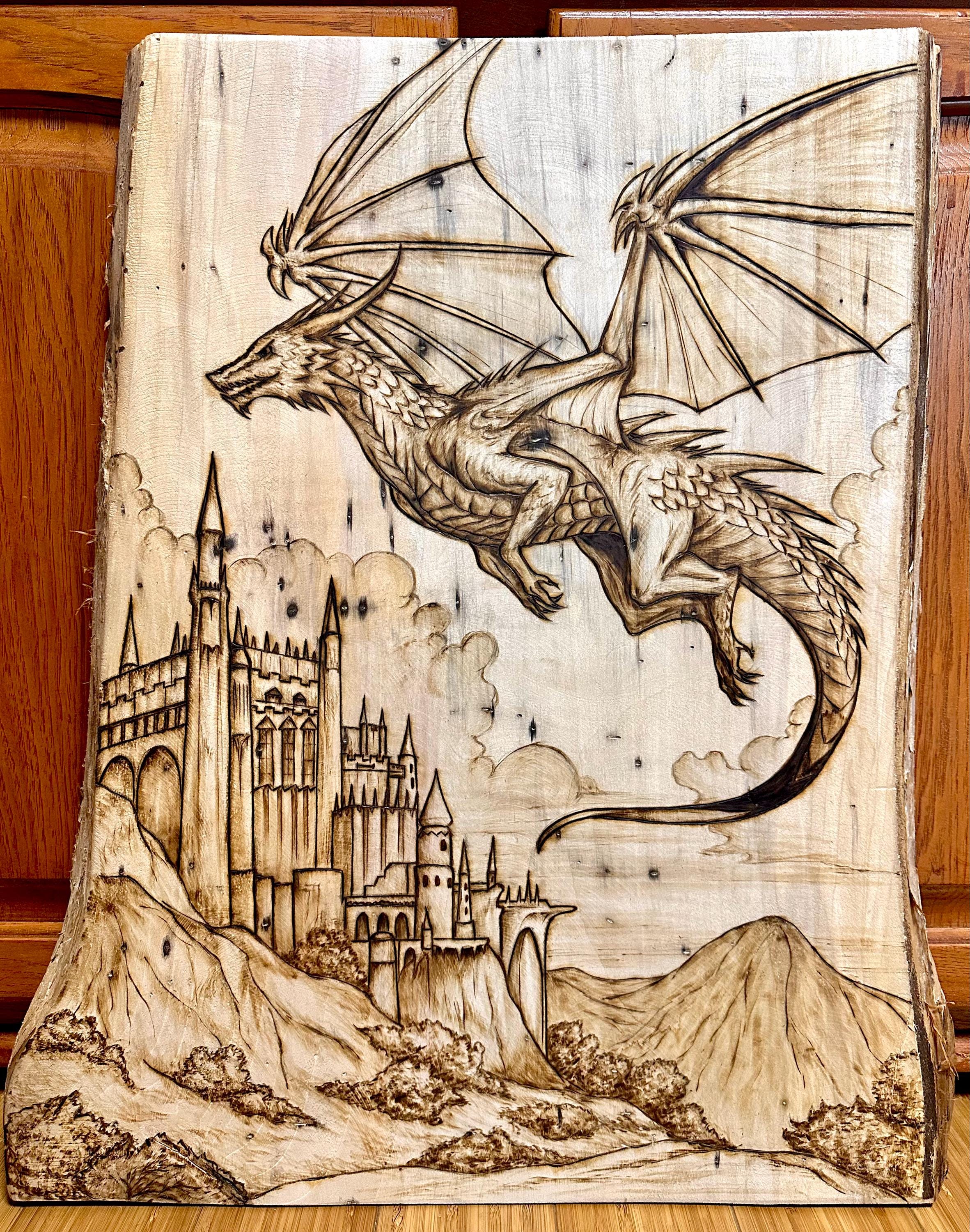 Handmade Wood Burning Art: Flying Dragon & Castle Pyrography - Etsy