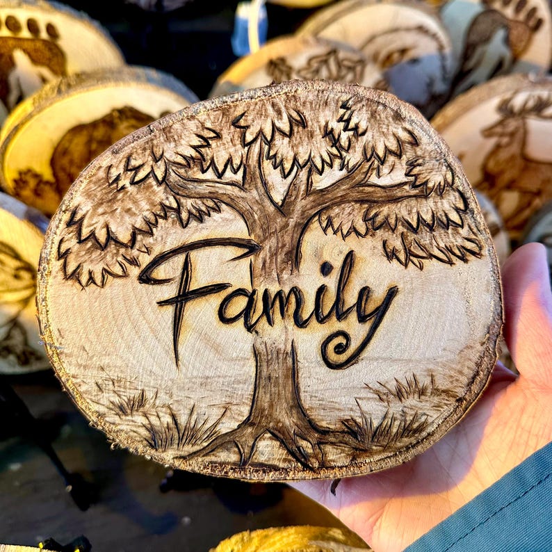 Family Tree - 6”x6” Handmade Wood Burning Art Ornaments on Natural Wood ...