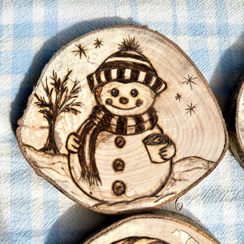 Christmas Ornaments Snowman Gnomes - 6”x6” Handmade Wood Burning Art on ...