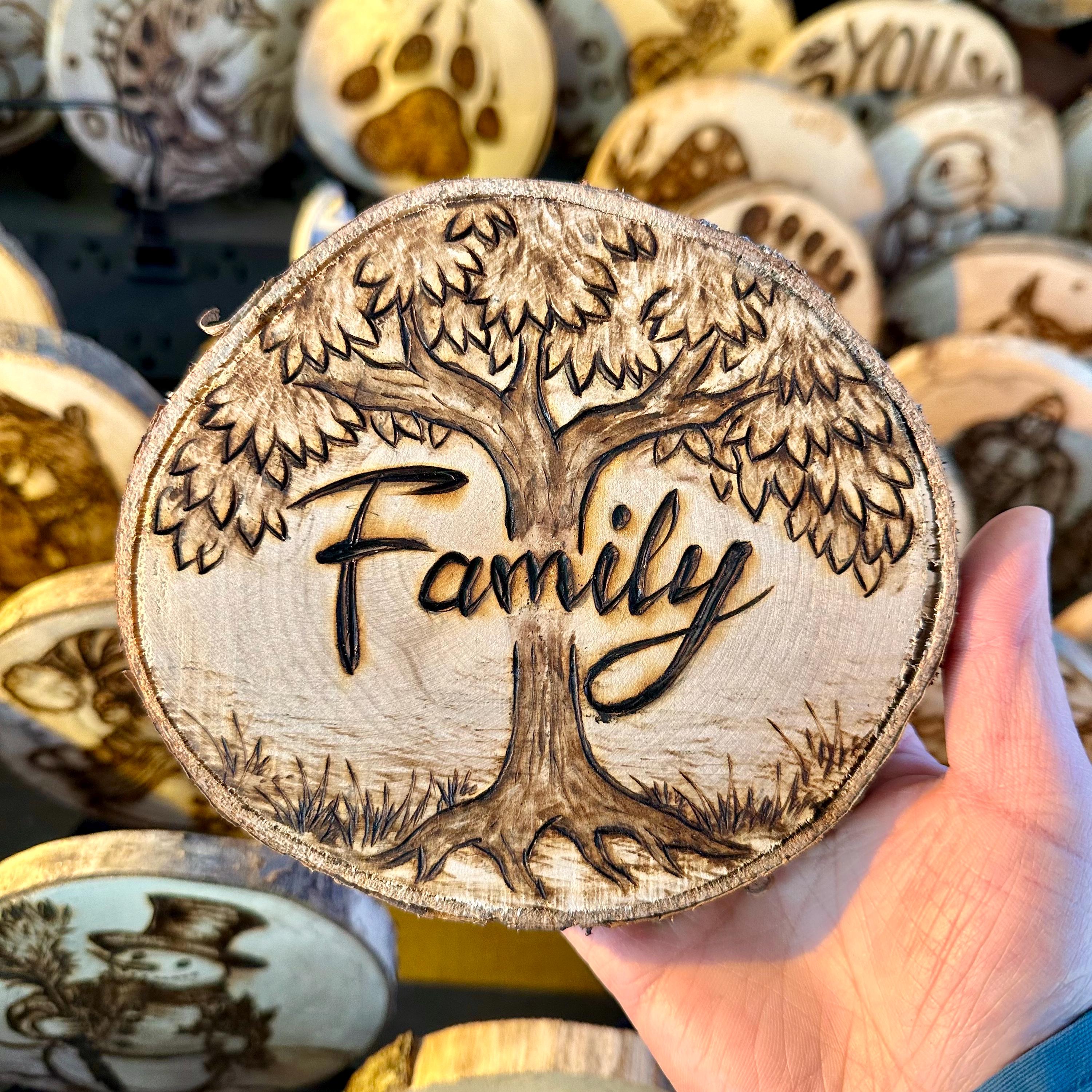 Family Tree - 6”x6” Handmade Wood Burning Art Ornaments on Natural Wood ...