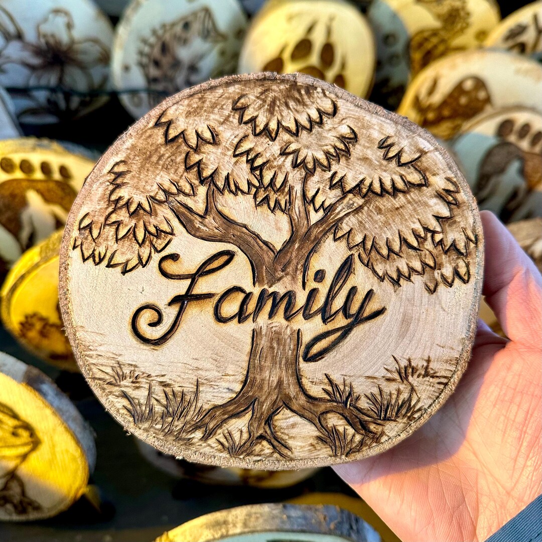 Family Tree - 6”x6” Handmade Wood Burning Art Ornaments on Natural Wood ...