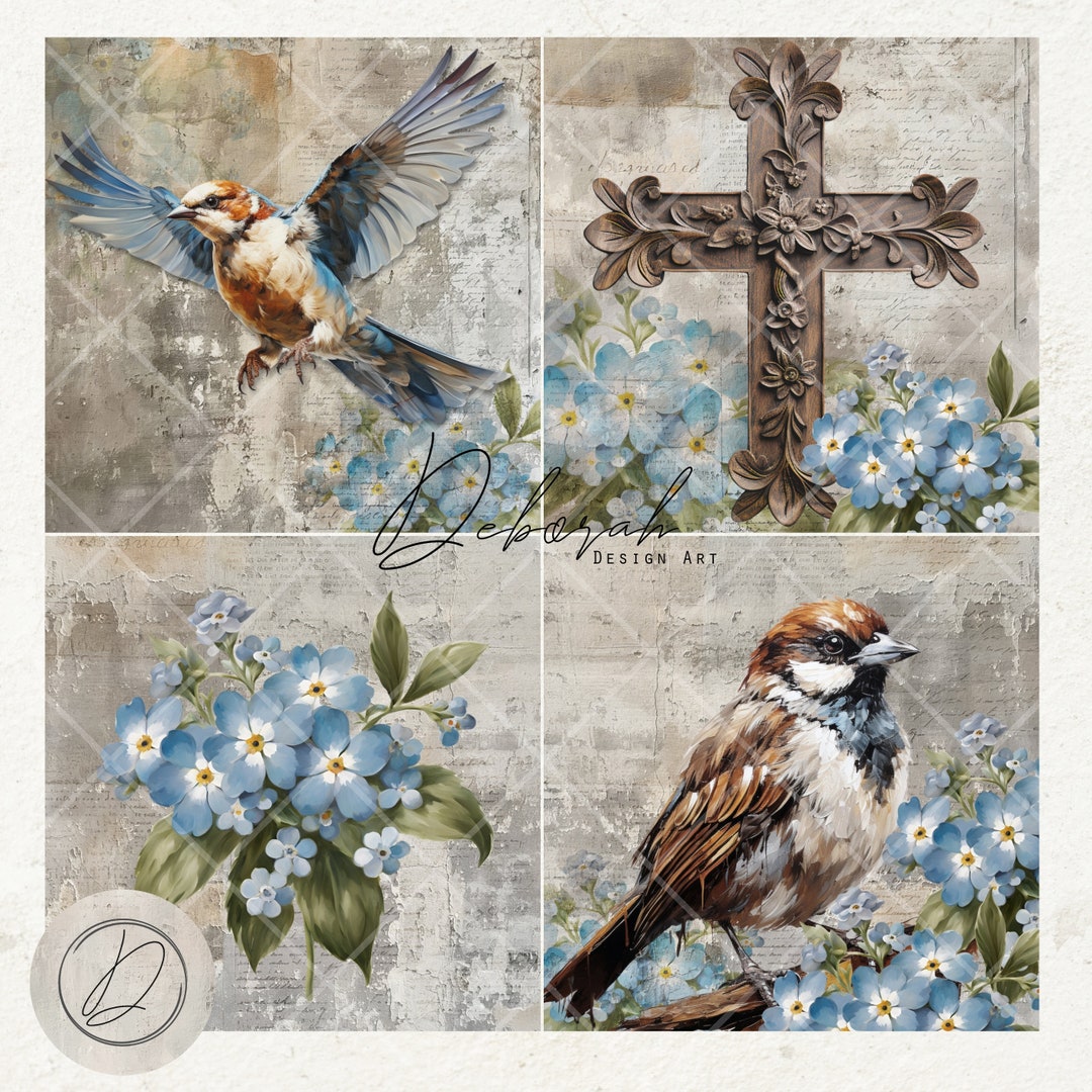 Vintage Grunge Sparrow and Forget Me Not Flower Digital Paper Set ...