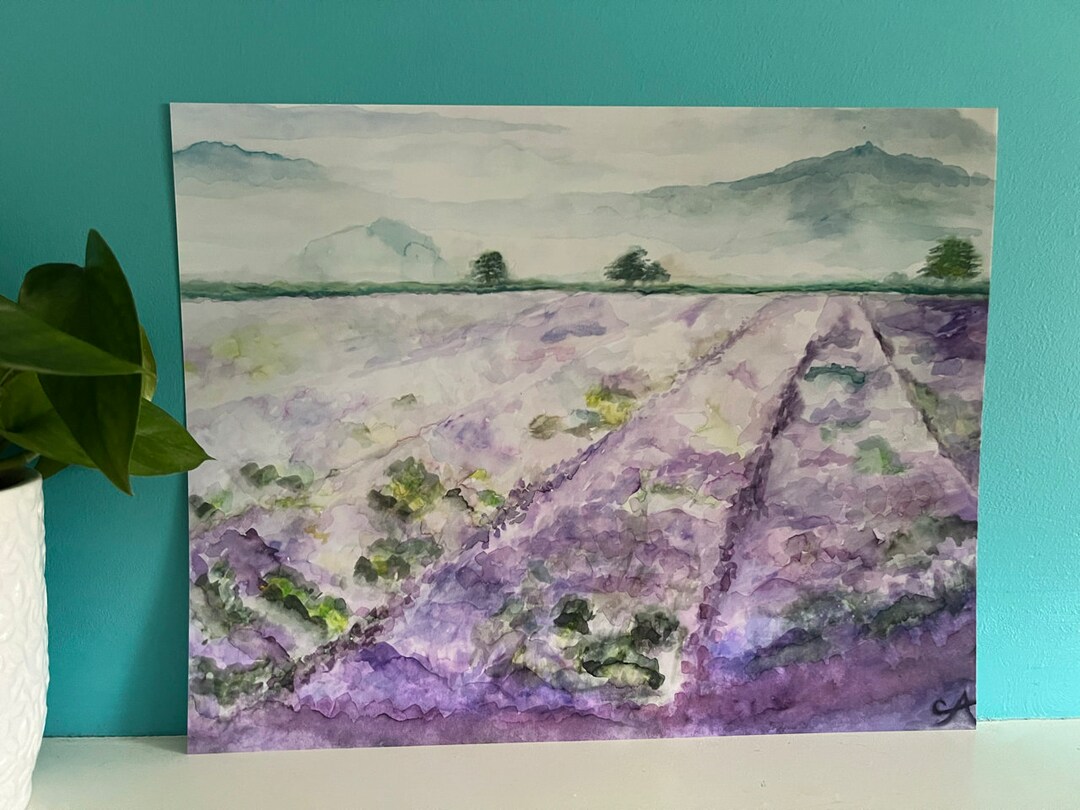 Lavender Field Art Print, Watercolor Painting Lavender Field, Home ...