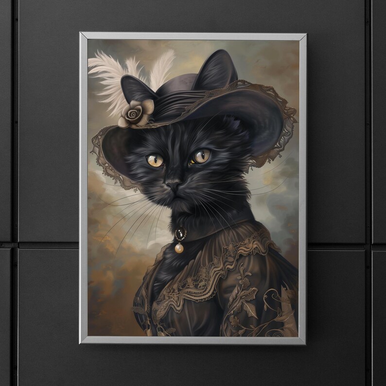 Black Cat Canvas or Poster Animal Wall Art, Black Cat Print, Vintage ...
