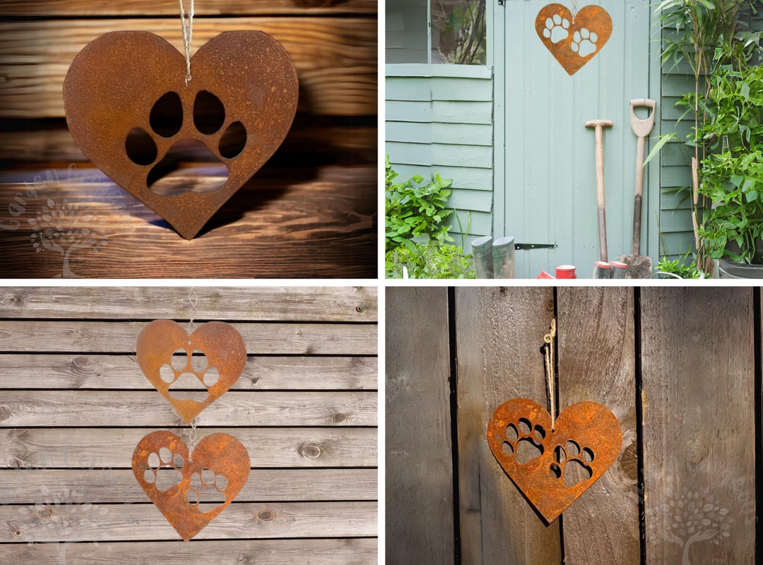 Large Vintage Rustic Rusty Paw Print Love Heart Garden Decor Wall Art ...